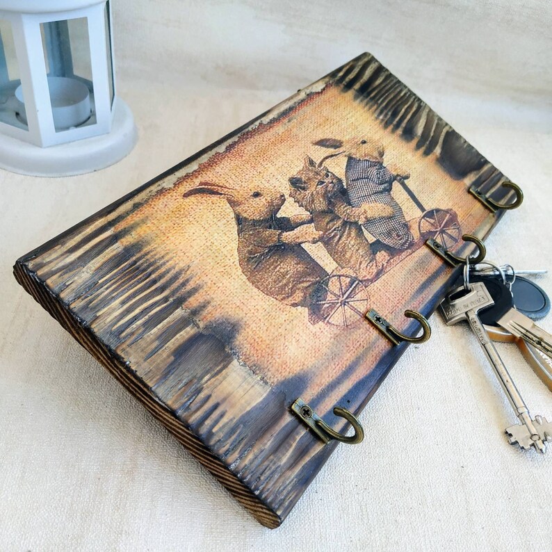Rustic key holder for wall with rabbits and cat Entryway decor | Etsy