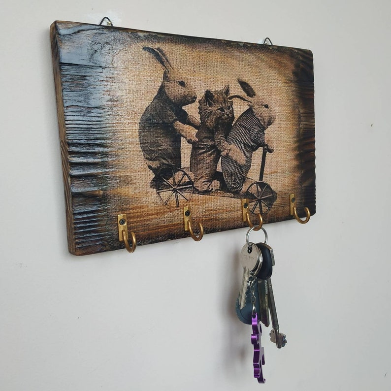 Rustic Key Holder for Wall With Rabbits and Cat Entryway Decor Fun Keys ...