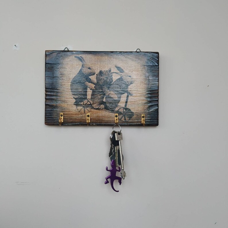 Rustic Key Holder for Wall With Rabbits and Cat Entryway Decor Fun Keys ...