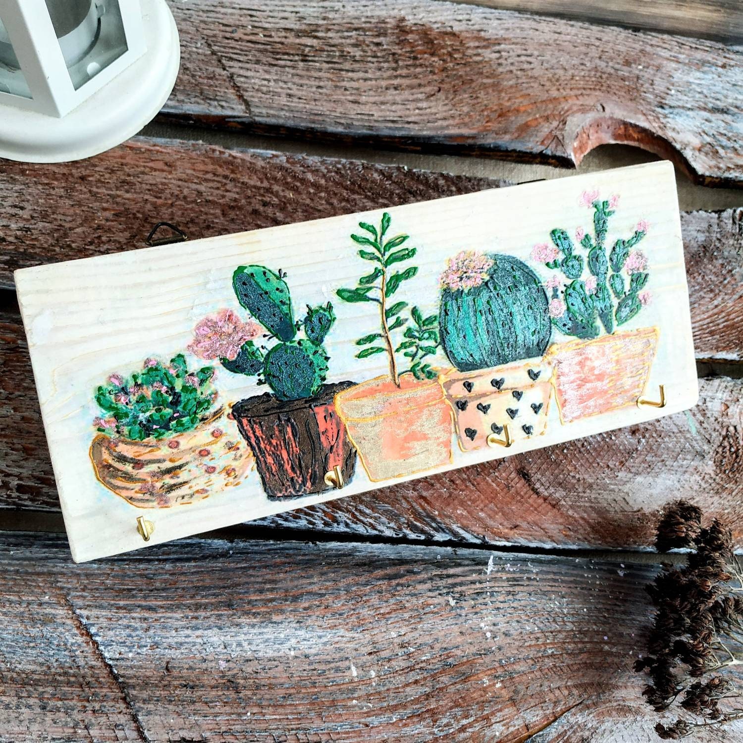 Key holder with cactus Wall key rack Wood key holder for wall | Etsy