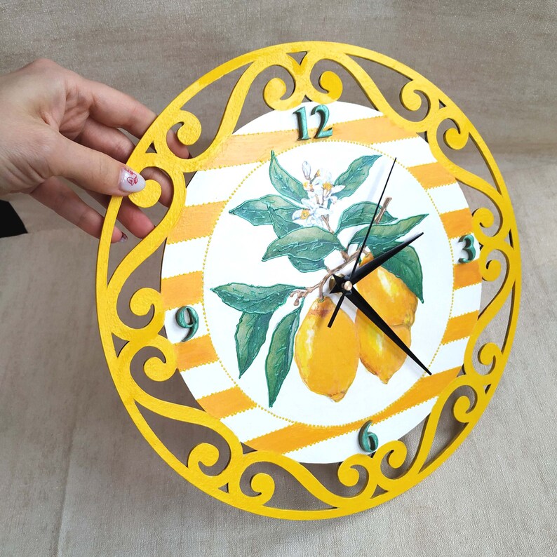 Yellow Wall Clock With Lemons for Kitchen Country Clock for Wall Decor ...