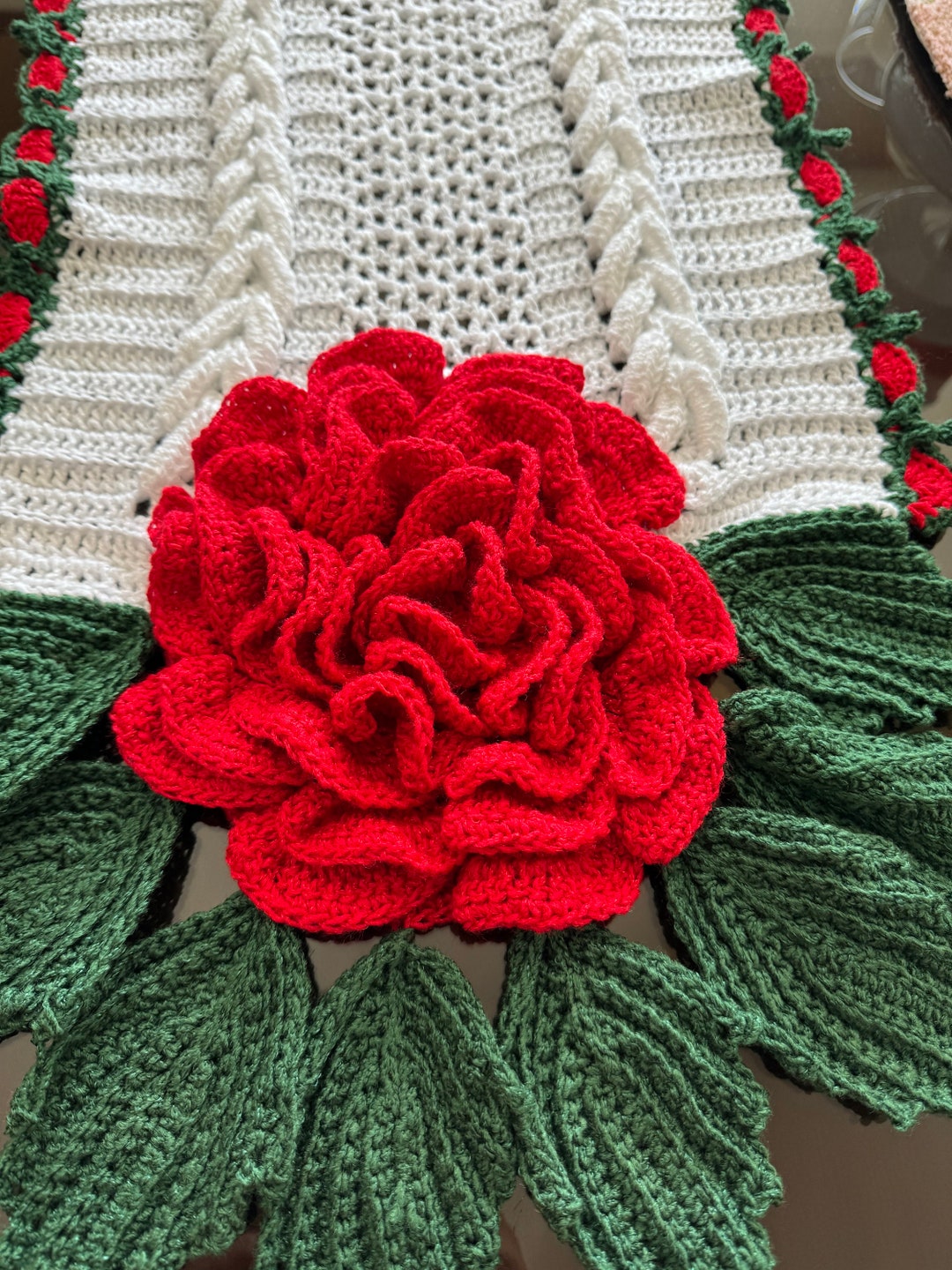 3d Crochet Rose Table Runner Handmade Acrylic Yarn Decor Etsy