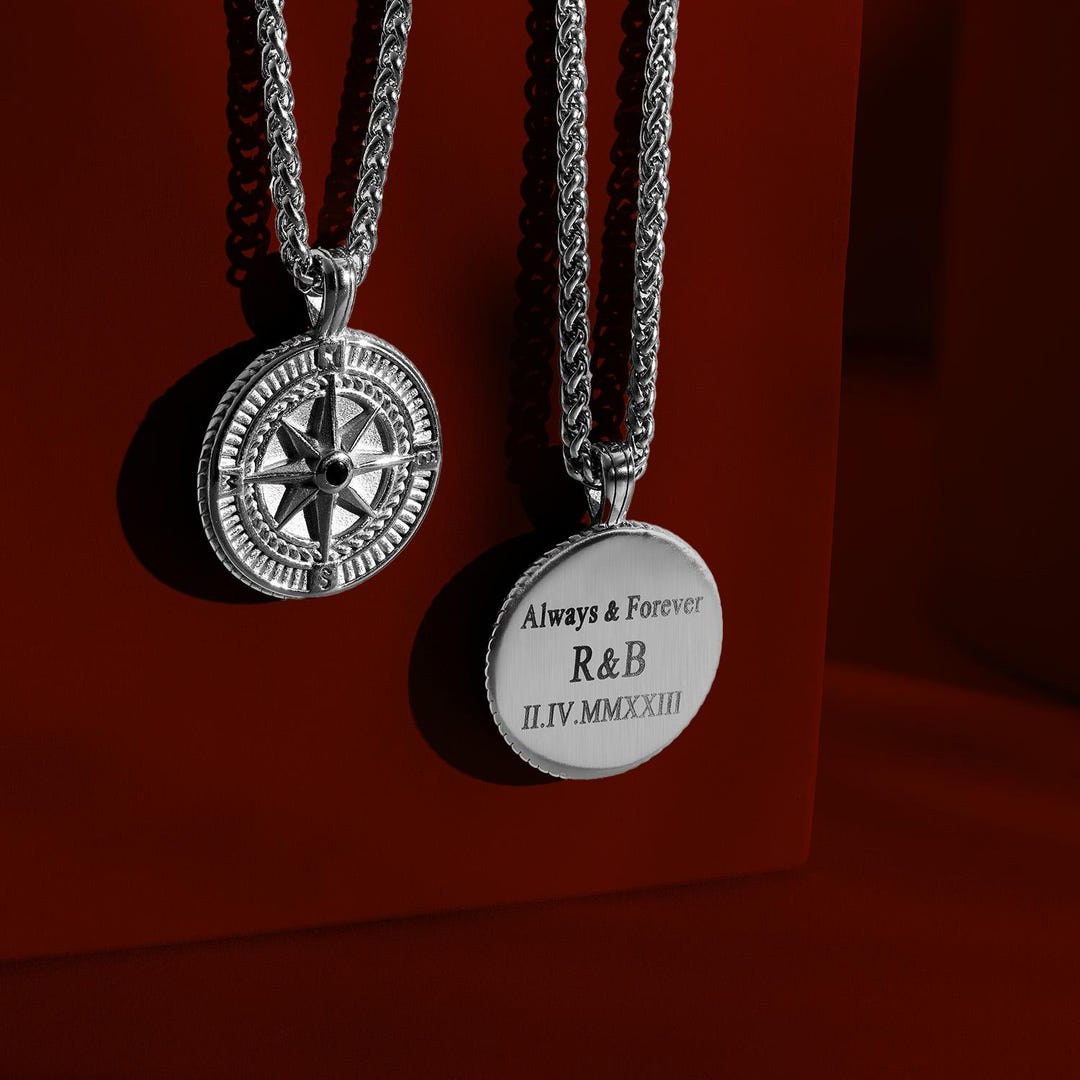 Silver Personalized Men’s Compass Necklace, Custom Pendant, Engraved ...