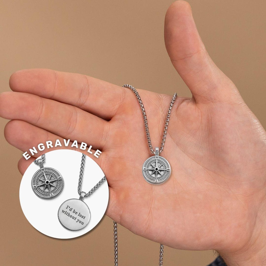 Silver Men’s Compass Necklace, Custom Hidden Message Pendant, Engraved ...