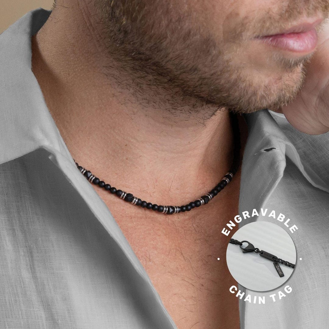 Personalized Men's Beaded Necklace, Engraved Onyx Necklace for Men ...