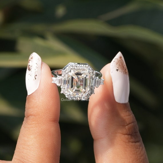 Halo Moissanite Engagement Ring Asscher Moissanite Bridal Ring Off white Moissanite Wedding Ring 18K Solid Gold Accent Set Proposal Ring Etsy