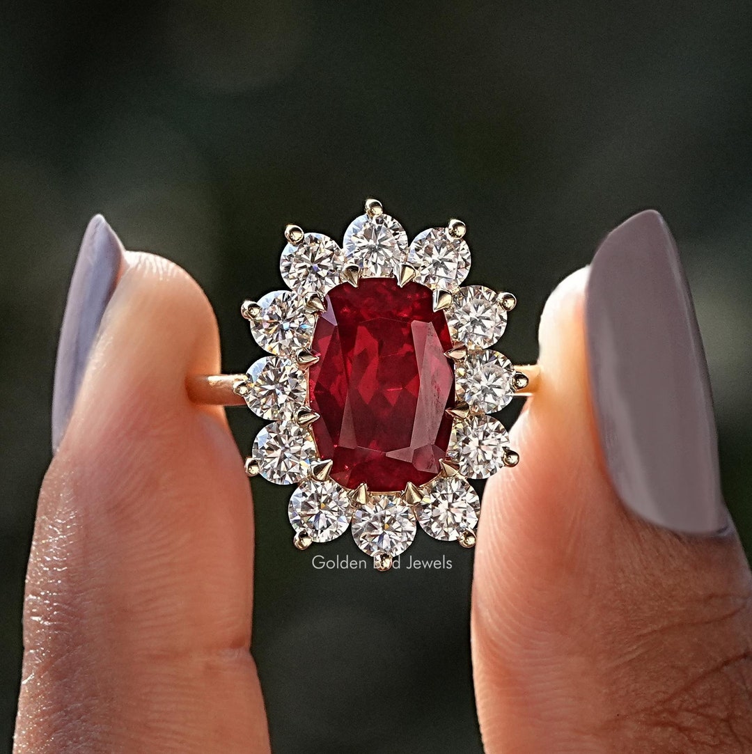 Halo Moissanite Engagement Ring/ Elongated Cushion Gemstone Wedding ...