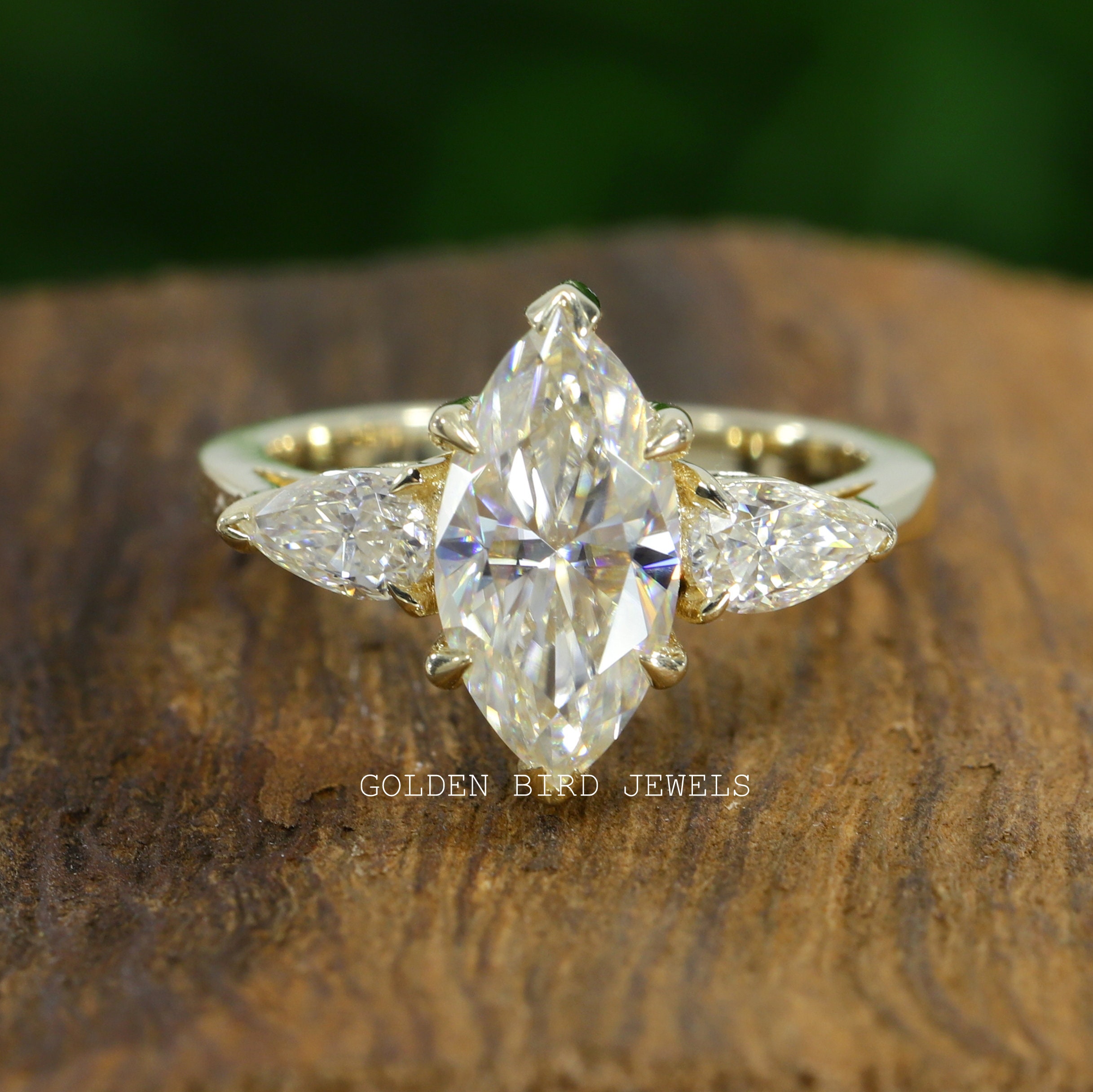 Marquise Cut Engagement Ring / Unique Three Stone Ring / 14K | Etsy