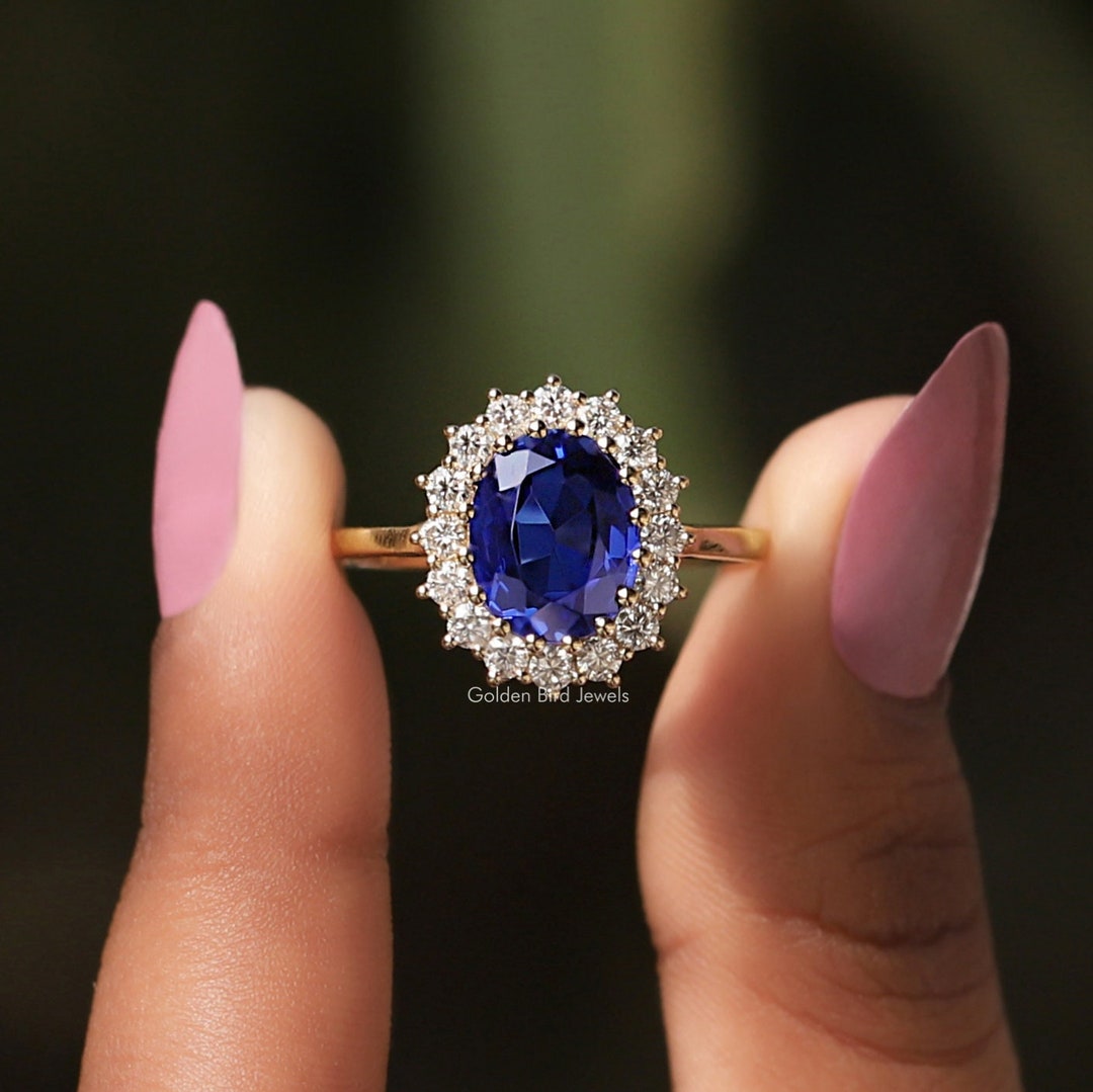 Oval Gemstone Wedding Ring/ Blue Sapphire Gemstone Bridal Ring/ Round ...