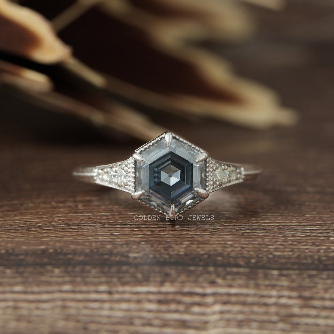 Hexagon Moissanite Engagement Ring/ 2.40CT Grey Moissanite Engagement Ring/ Accent Set ...