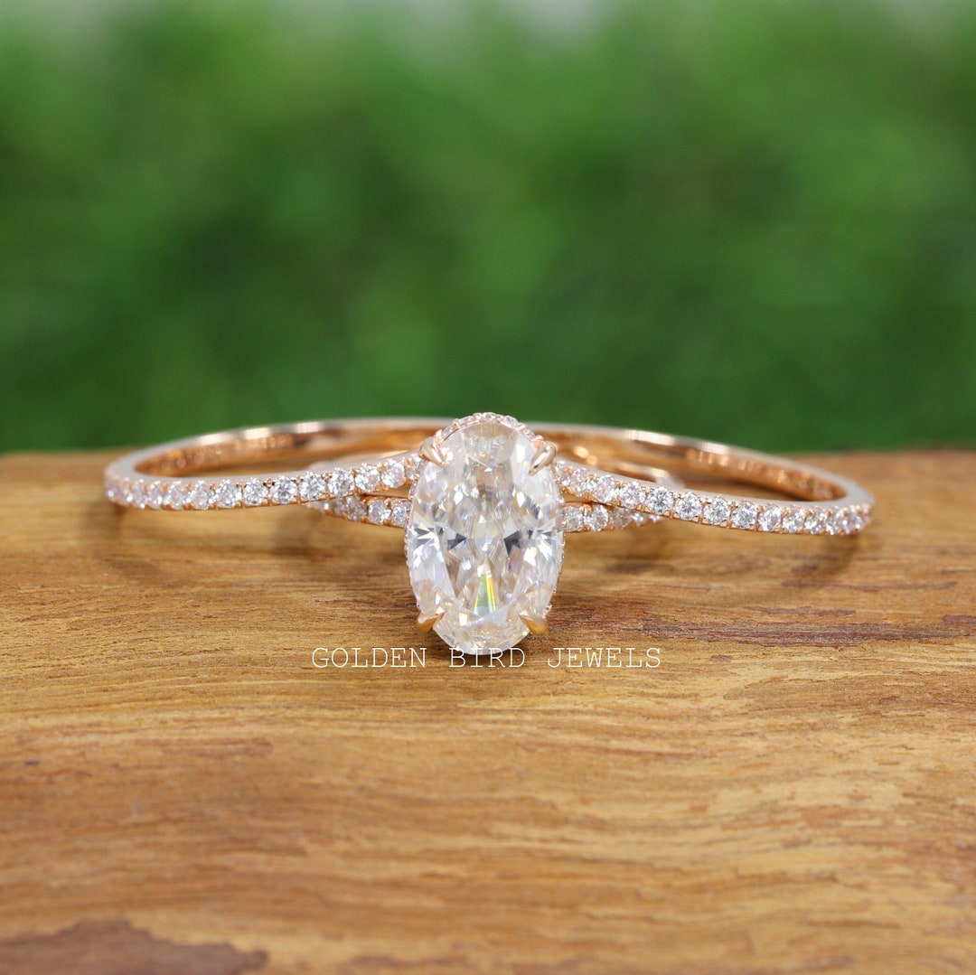 Oval Moissanite Bridal Ring Hidden Halo Moissanite Engagement Ring