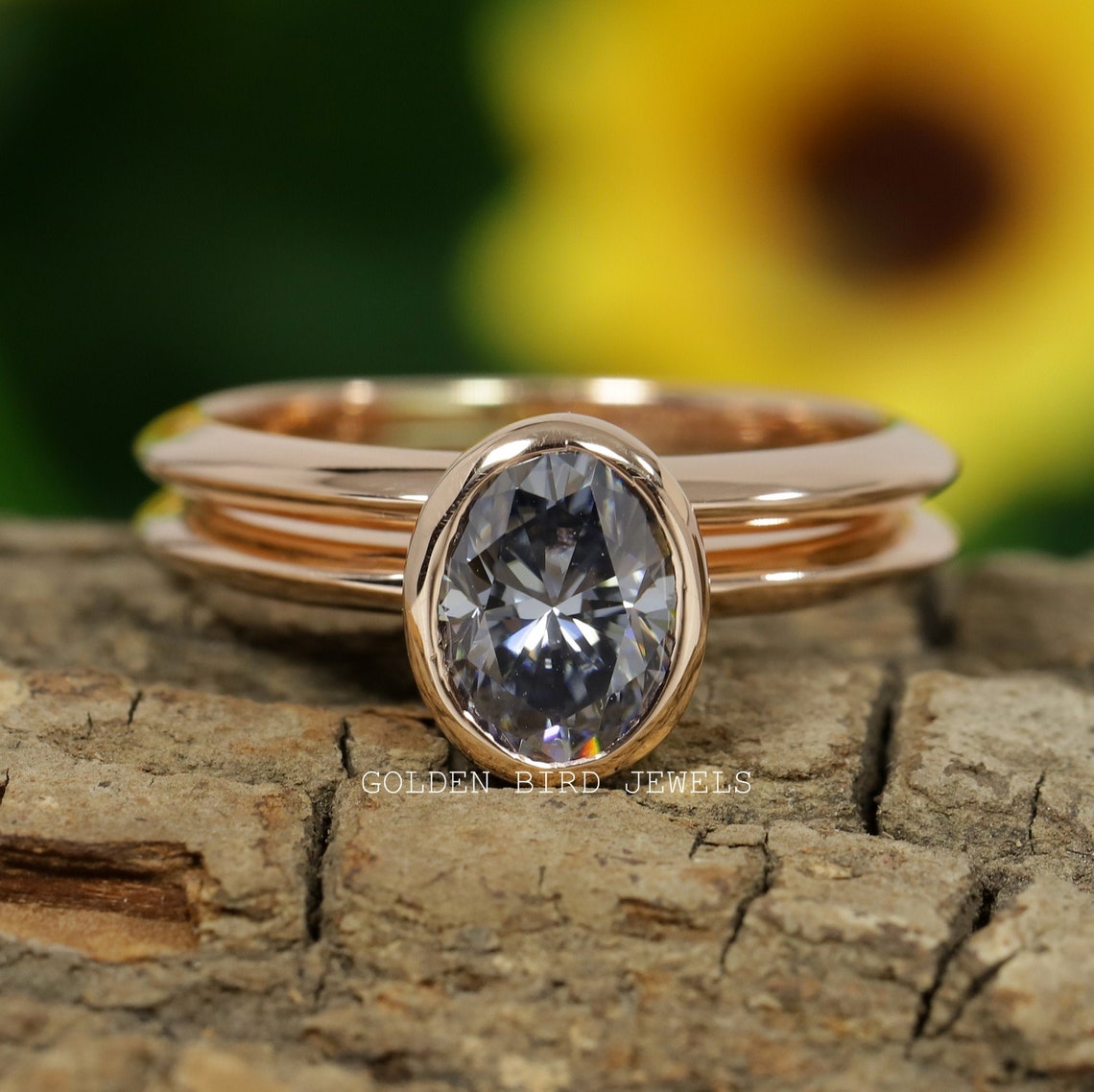 Bezel Set Bridal Ring Set / 1.30 CT Gray Oval Moissanite Ring | Etsy