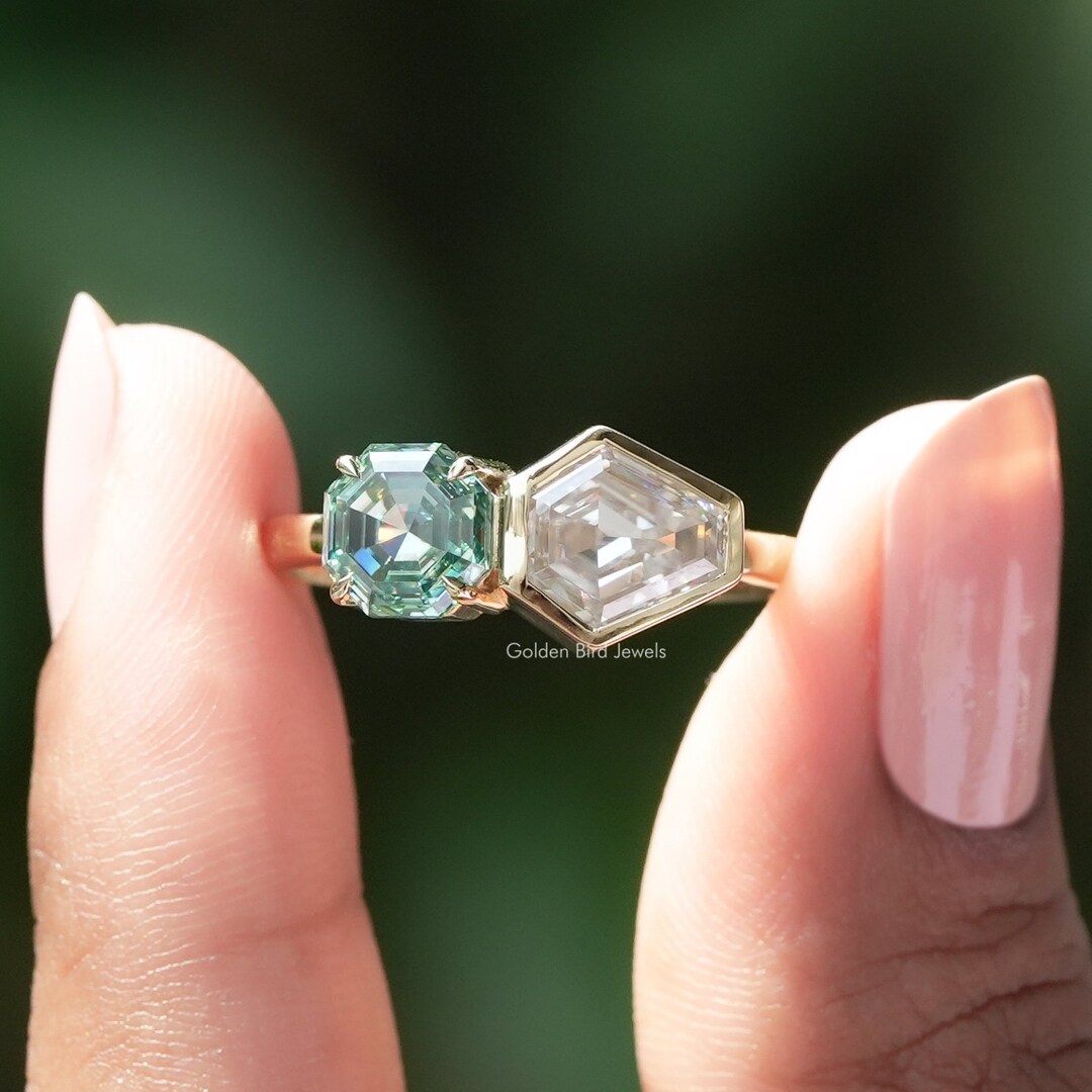 Octagon & Shield Cut Moissanite Bridal Ring/ Blue-green Moissanite Toi ...