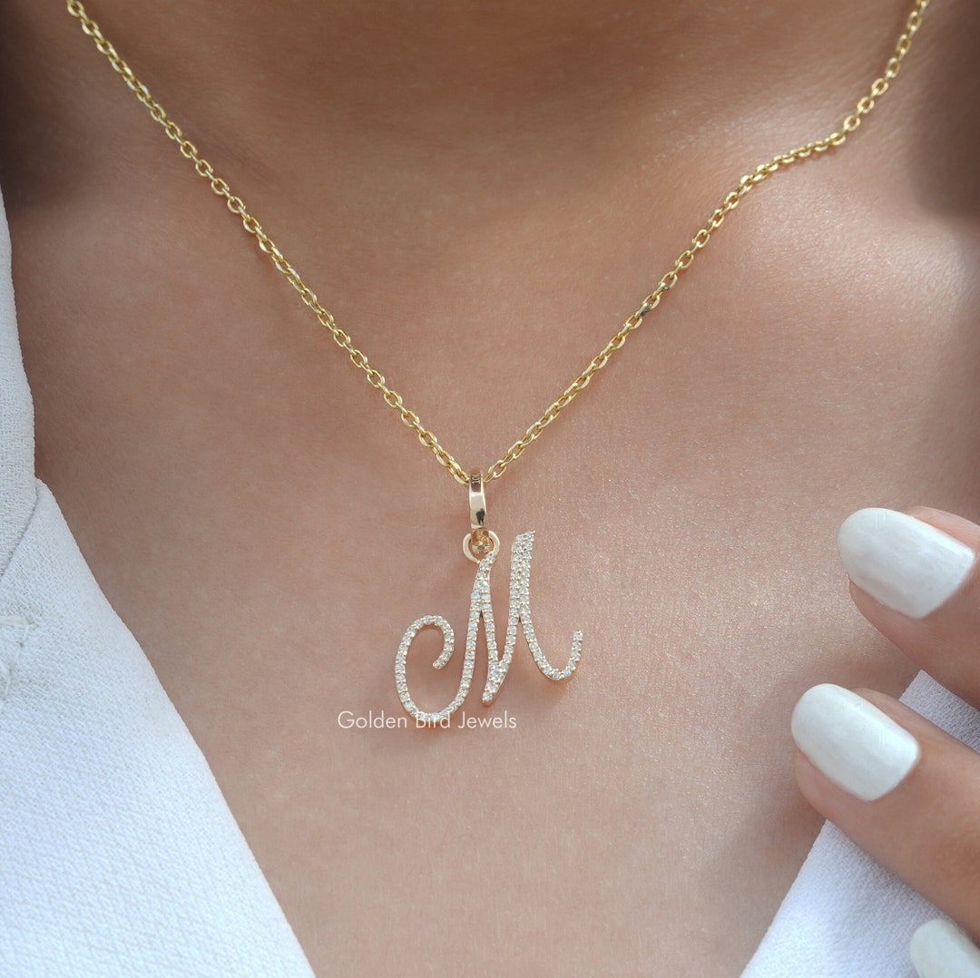 Custom Letter M Round Cut Moissanite Initial Pendant / Cursive Initial ...