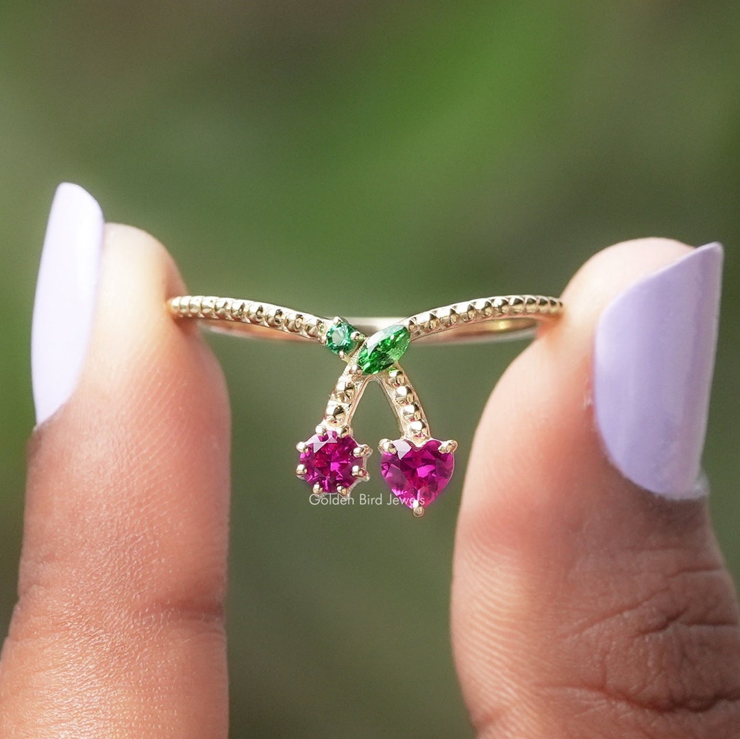 Green Emerald Cherry Ring/ Marquise and Round Gemstone Proposal Ring/ 14K Solid Gold Birthstone ...