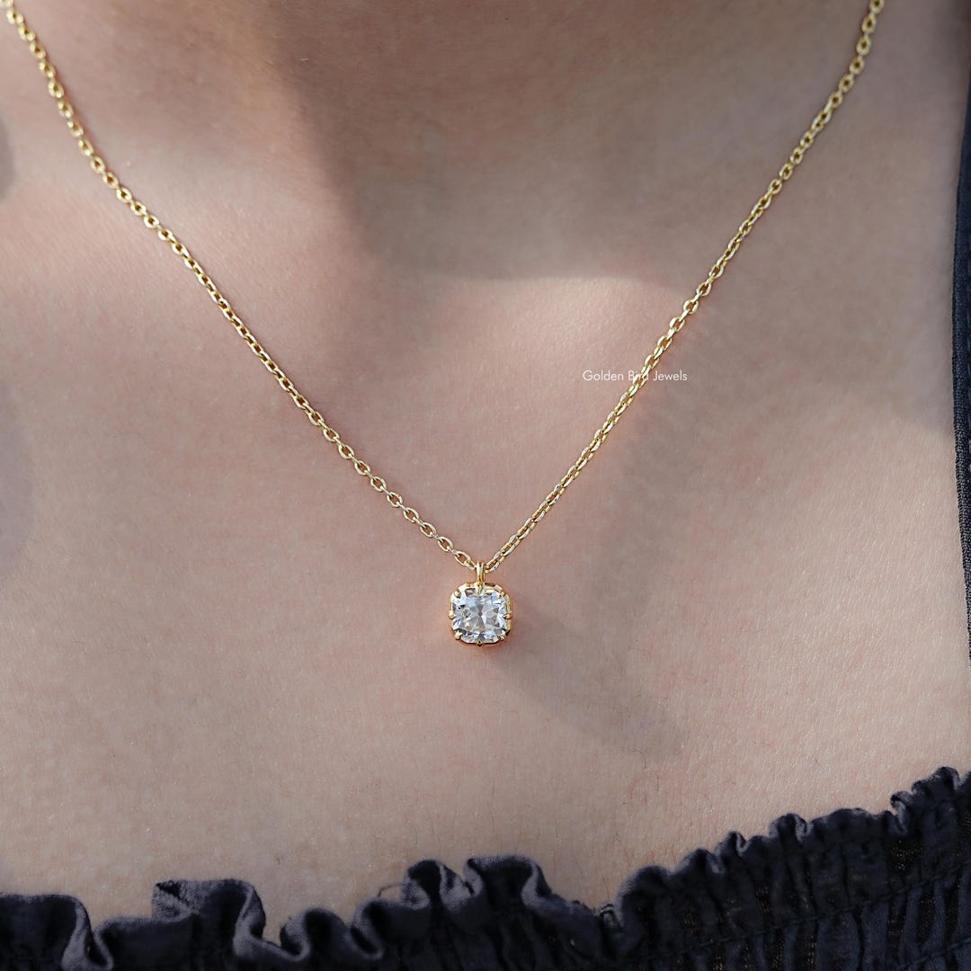1.10 CT Old Mine Cushion Moissanite Pendant/ Georgian Cut Down Button ...
