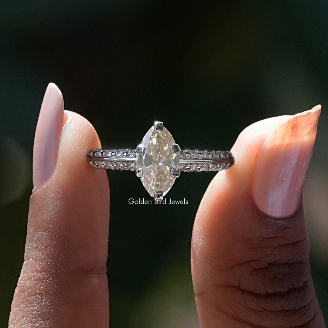 Old Mine Moval Moissanite Engagement Ring/ off White Moissanite Wedding ...