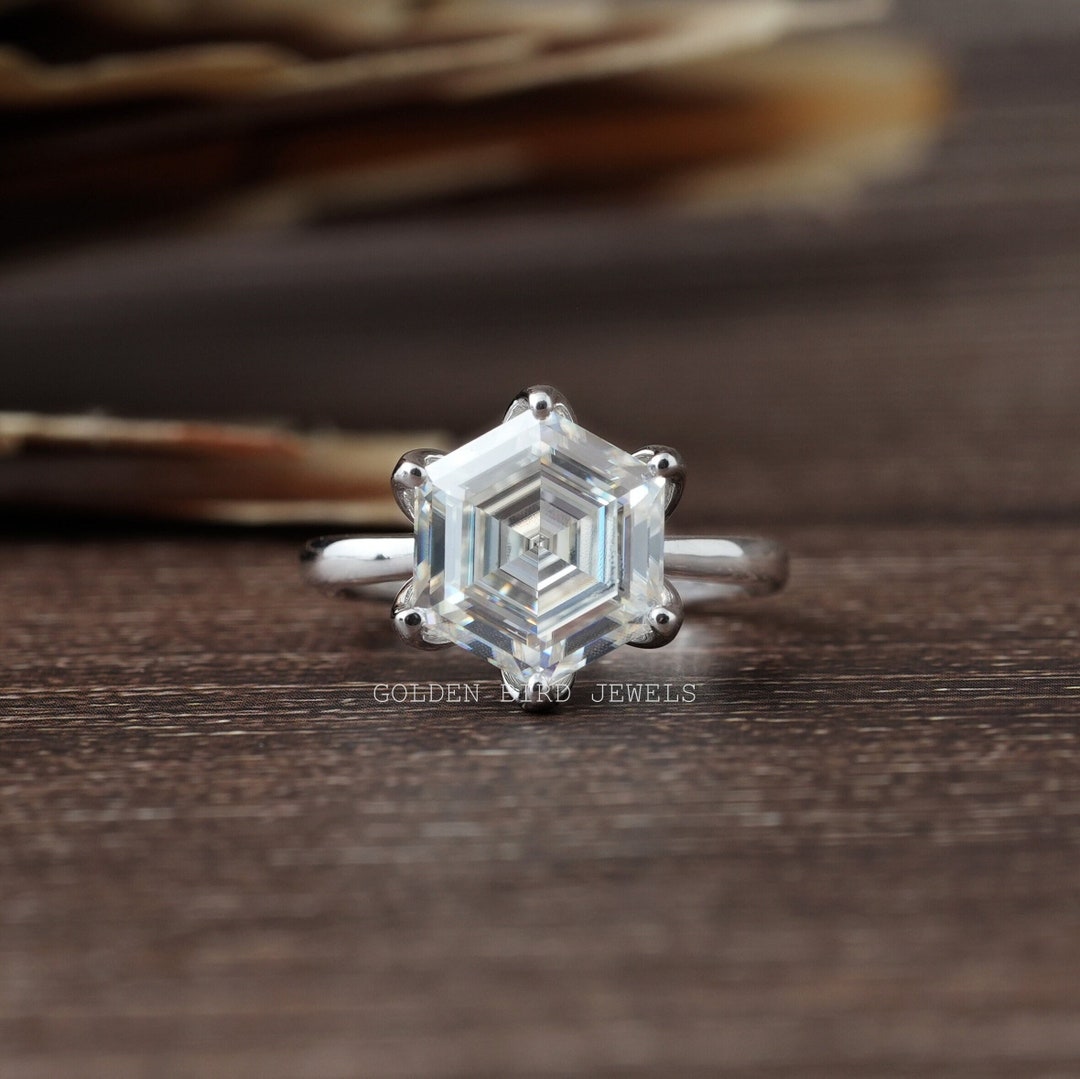 Colorless Moissanite Ring/ Step Cut Hexagon Moissanite Engagement Ring ...