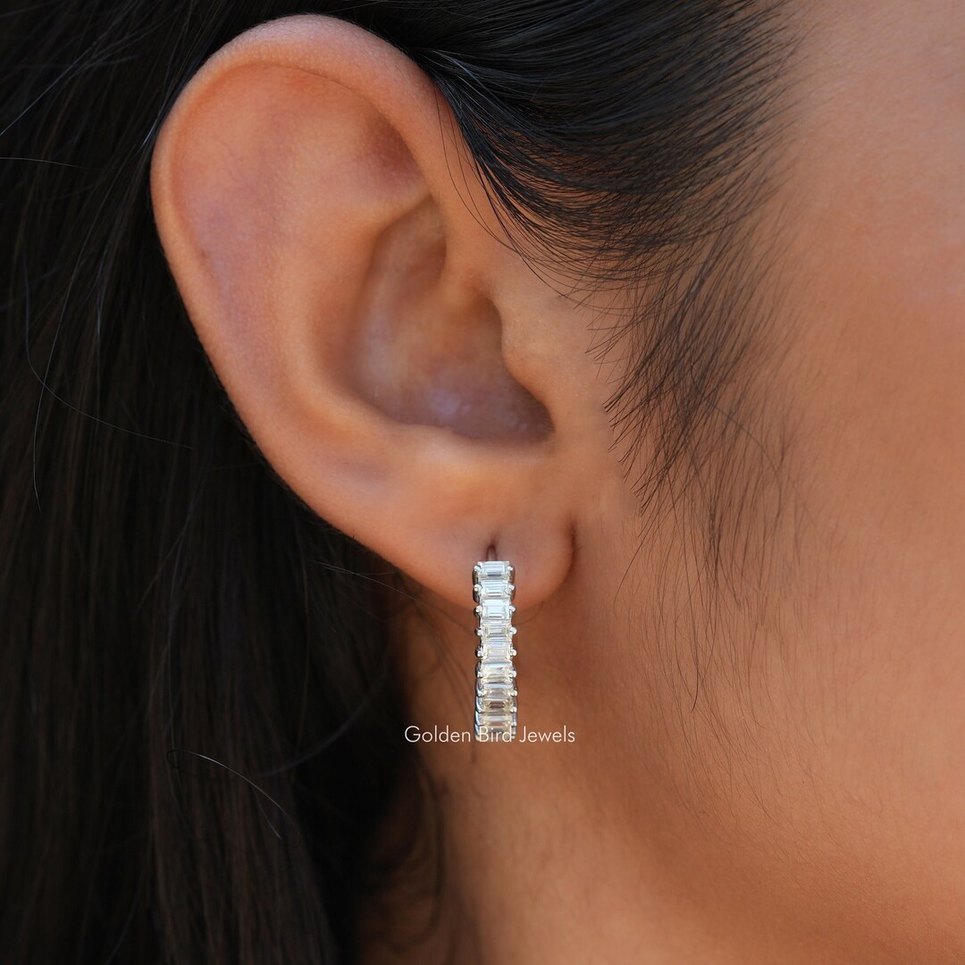 Huggies Hoop Moissanite Earrings/ Baguette Moissanite Wedding Earrings ...