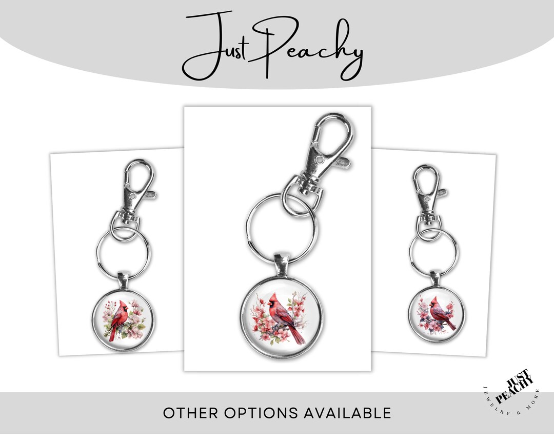 Red Cardinal Watercolor Art Silver Keychain Purse Bookbag Charm Glass ...