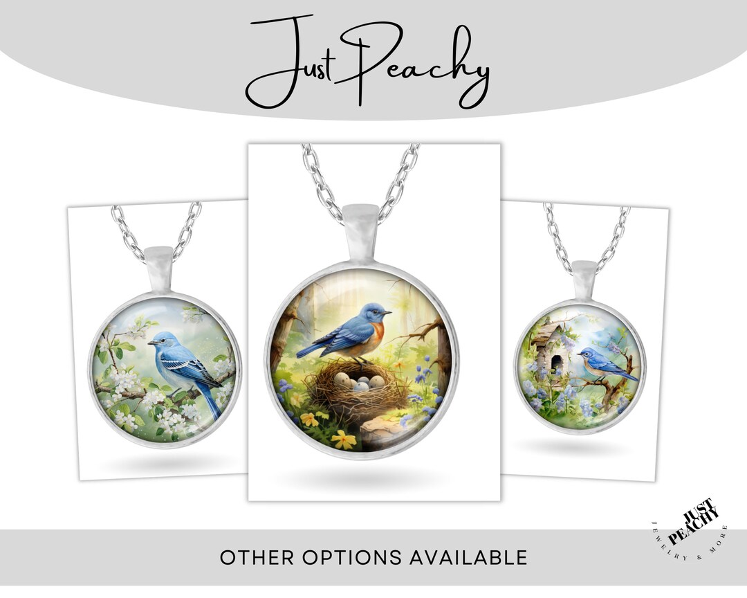 Beautiful Bluebird Spring Floral Art Nature Silver Jewelry Glass ...