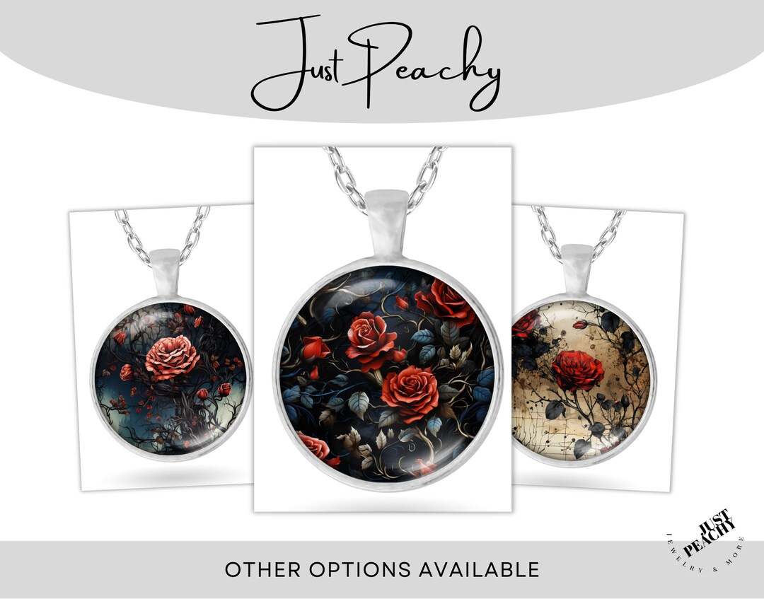 Rose Floral Flower Goth Style Art Silver Jewelry Glass Pendant Necklace ...