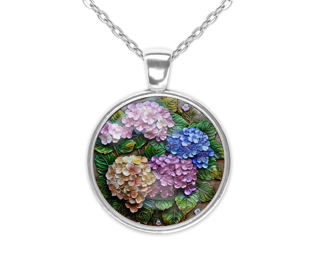 Beautiful Multicolor Hydrangea Floral Flower Art Glass Pendant Necklace ...