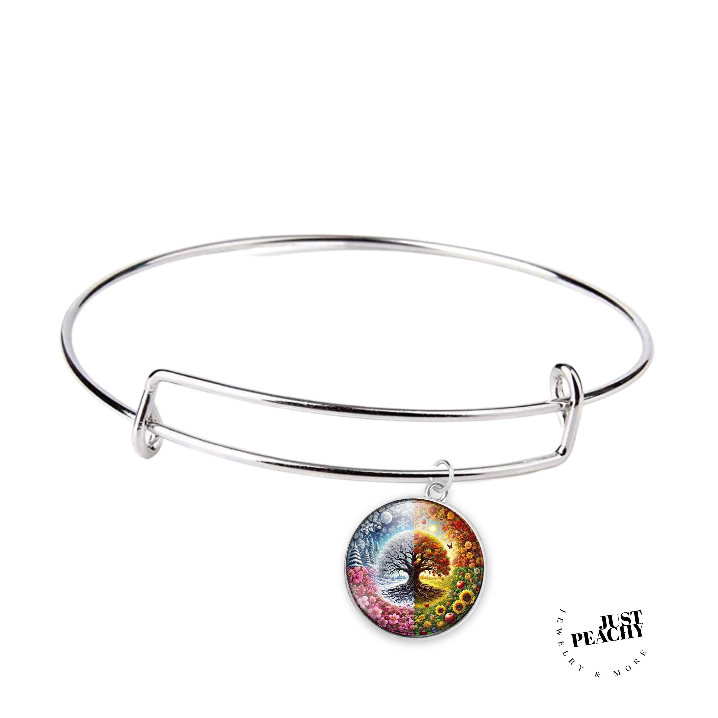 Four Seasons Tree of Life Watercolor Art Glass Pendant Necklace Large ...