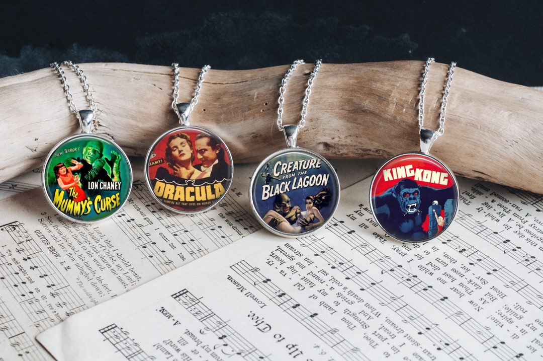 Retro Horror Movie Art Silver Jewelry Glass Pendant Necklace Large ...