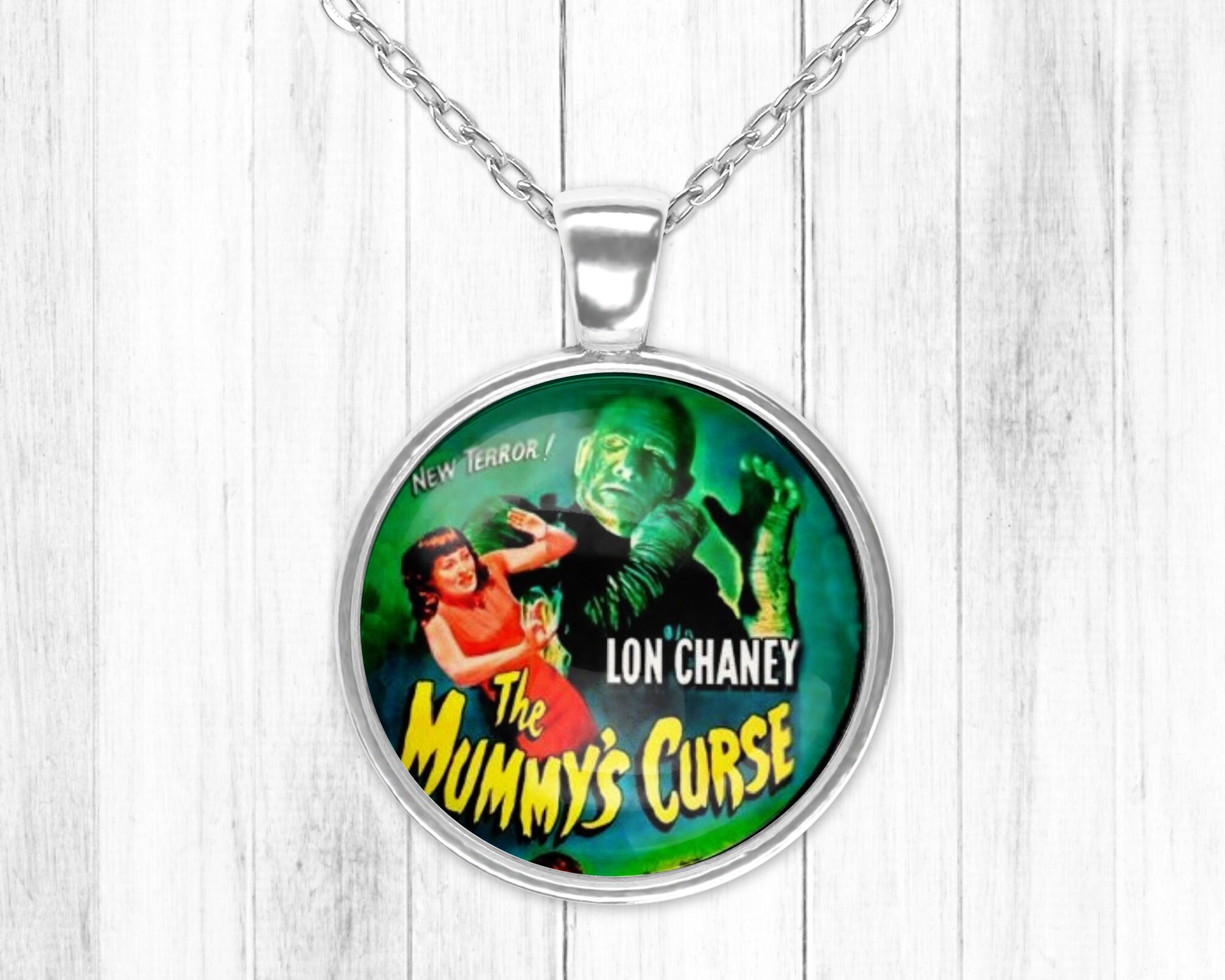 Retro Horror Movie Art Silver Jewelry Glass Pendant Necklace Large ...