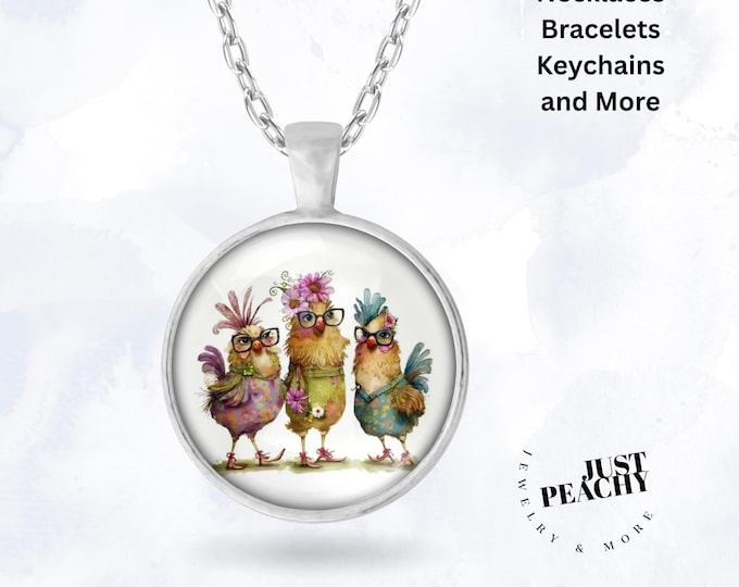 Sassy Chic Chicken Lady Trio Silver Jewelry Glass Pendant Necklace ...
