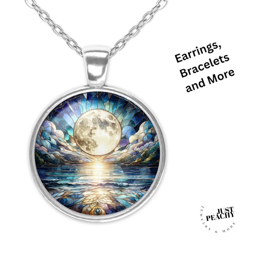 Moonscape Moon Over Water Stained Glass Art Pendant Necklace Silver ...