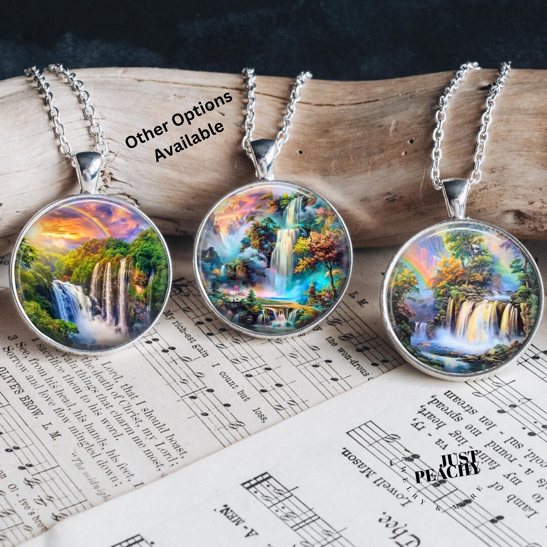 Waterfalls and Rainbows Scenic Art Silver Jewelry Set Pendant Necklace ...