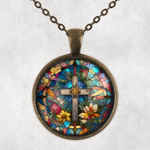 Stained Glass Cross Floral Art Bronze Jewelry Dangle Earrings Glass ...
