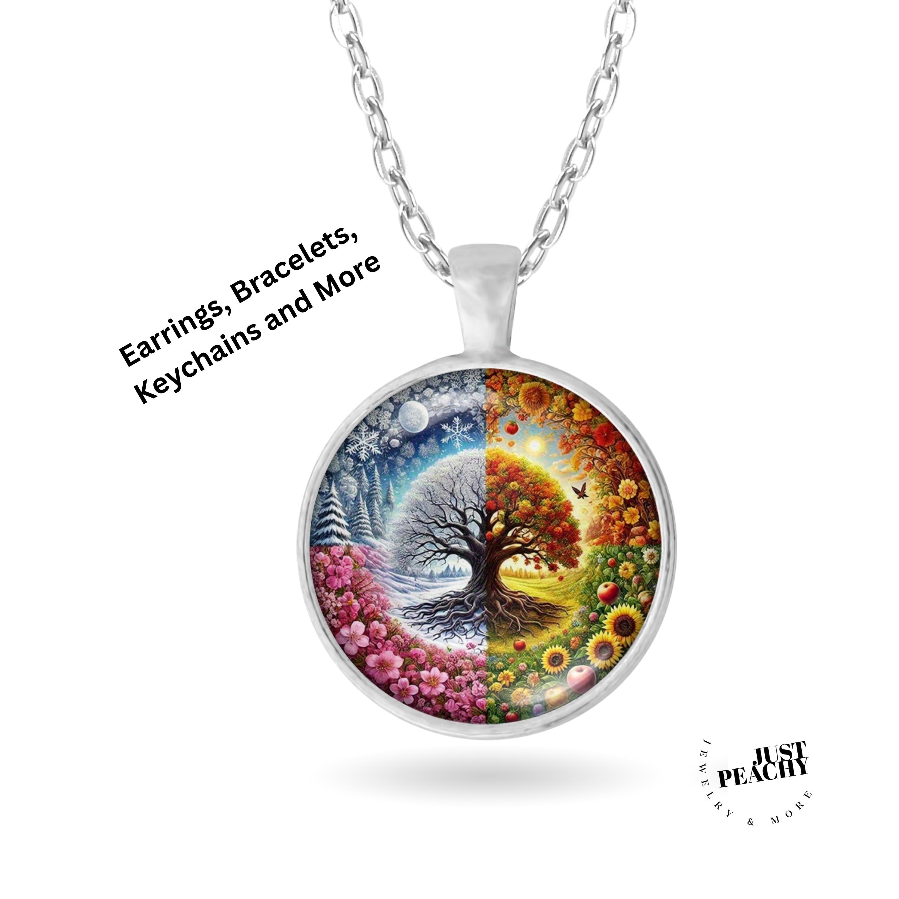 Four Seasons Tree of Life Watercolor Art Glass Pendant Necklace Large ...