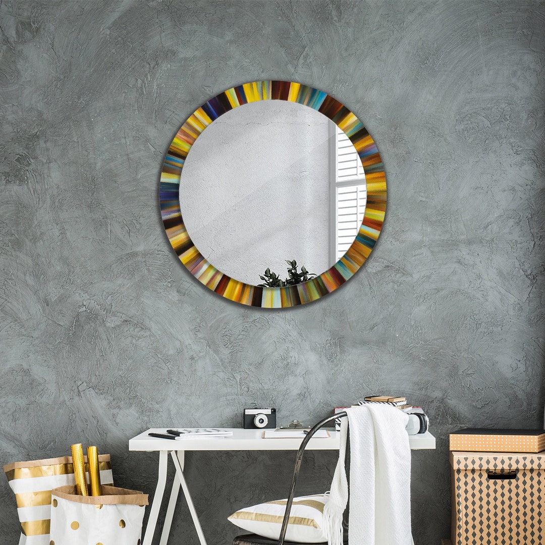 Abstract Radial Design, Yellow, Art Printed Round Mirror, Decorative ...