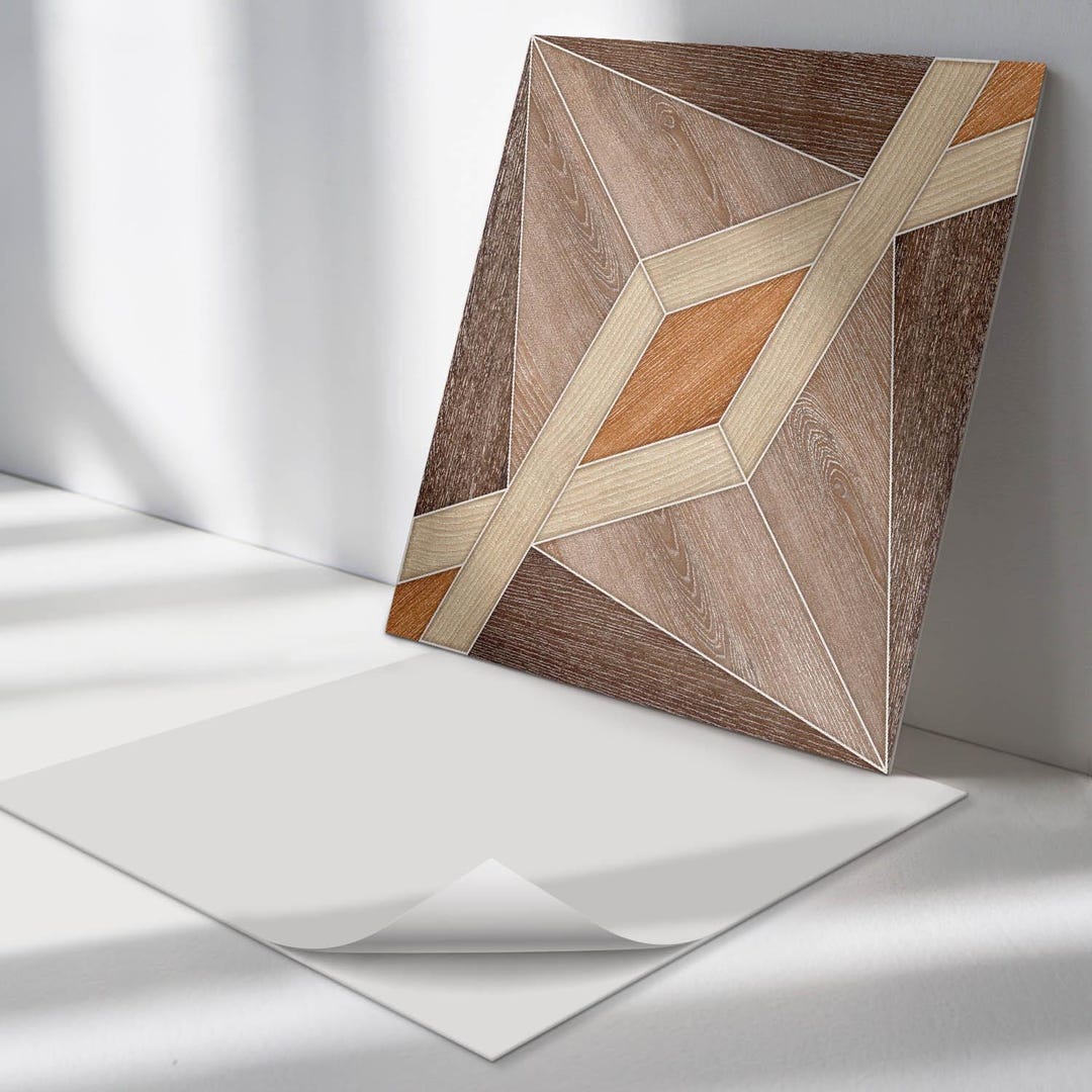 Geometric Wood Pattern Tile Stickers, Brown Peel and Stick Tiles, Tile ...