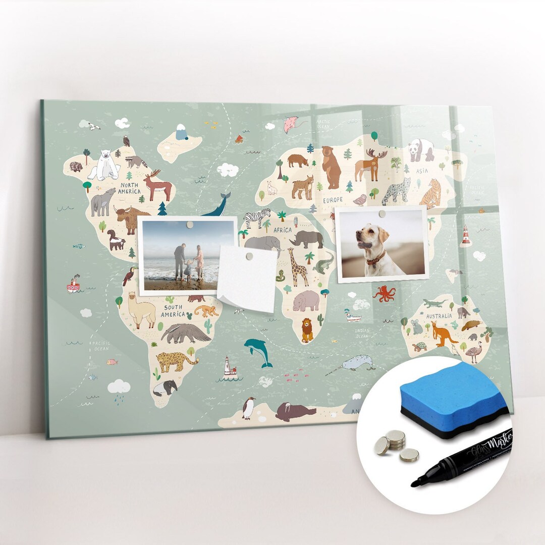 Animal Map of the World Magnetic Board, Travel Tracker, Multicolour ...