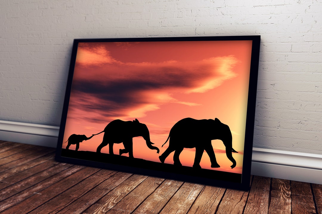 Family of Elephants Self-adhesive Poster Silhouettes at Sunset Walking ...
