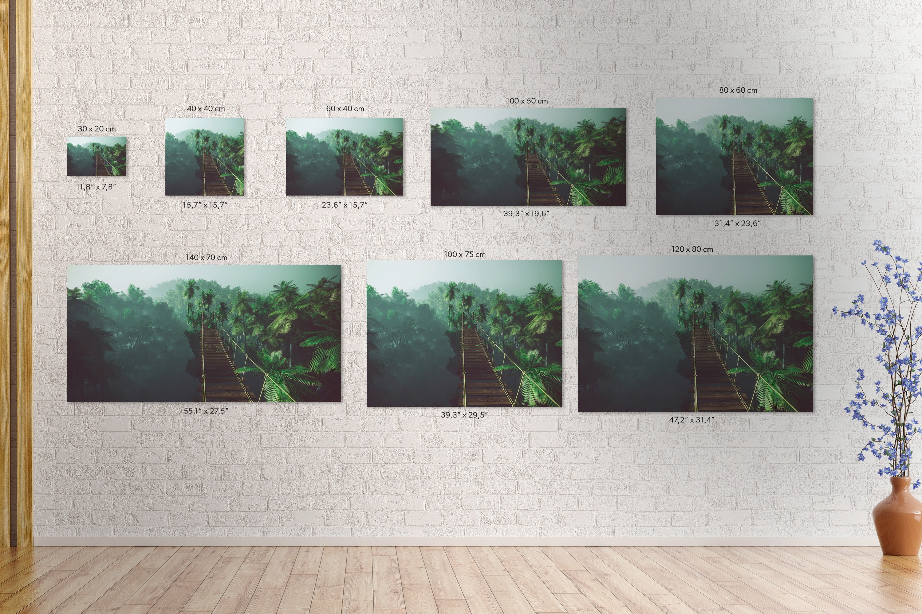 Rope Bridge in Misty Jungle With Palms. Backlit Acrylic Glass Print ...