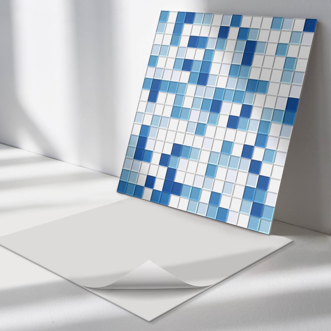 Mosaic in Shades of Blue PVC Floor Tiles, Blue Tile Stickers, Peel and ...