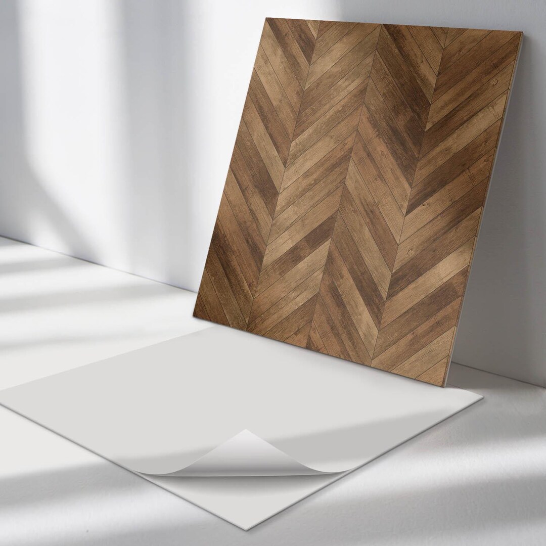 Herringbone Board Pattern PVC Floor Tiles, Brown Tile Stickers, Peel ...