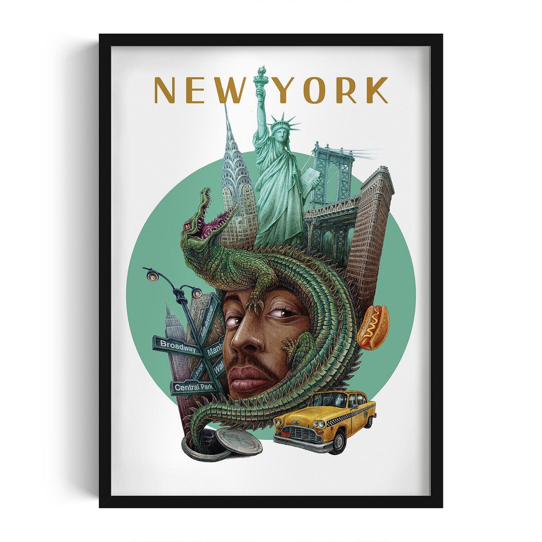 New York in Green Background Framed Art, New York Painting in Frame ...
