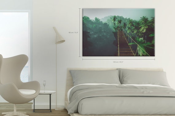 Rope Bridge in Misty Jungle With Palms. Backlit Cotton Canvas | Etsy
