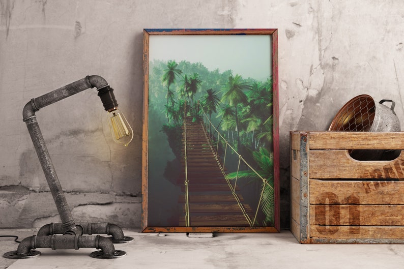 Rope Bridge in Misty Jungle With Palms. Backlit Self-adhesive - Etsy