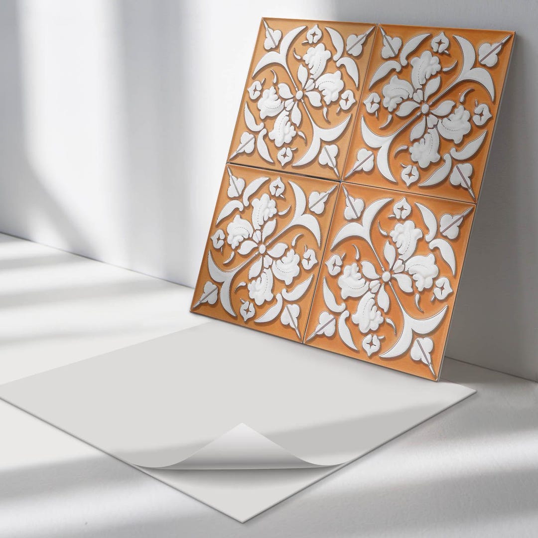 Floral Motifs PVC Floor Tiles, Orange Tile Stickers, Peel and Stick ...