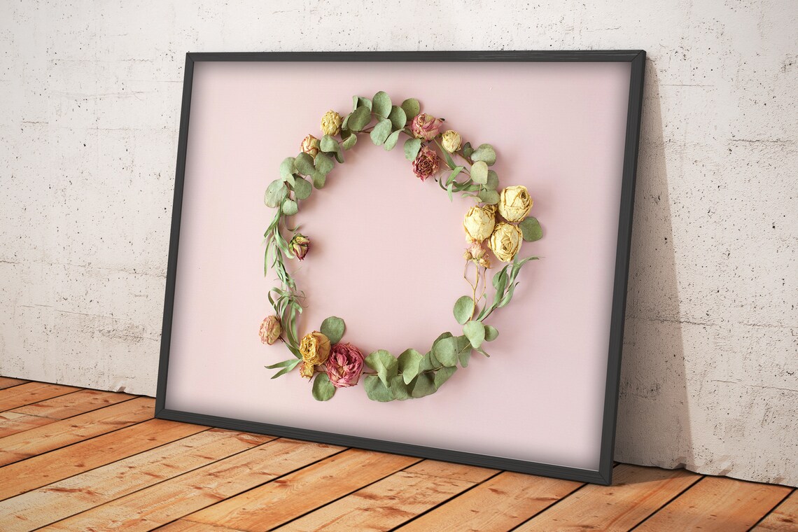 Round Frame Wreath Pattern With Roses, Pink Flower Buds, Eucalyptus ...