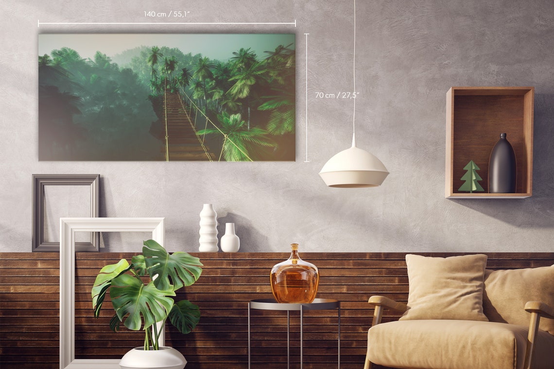 Rope Bridge in Misty Jungle With Palms. Backlit Cotton Canvas Art ...