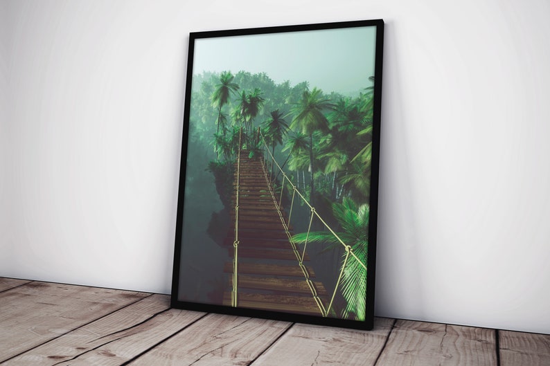 Rope Bridge in Misty Jungle With Palms. Backlit Self-adhesive Poster ...