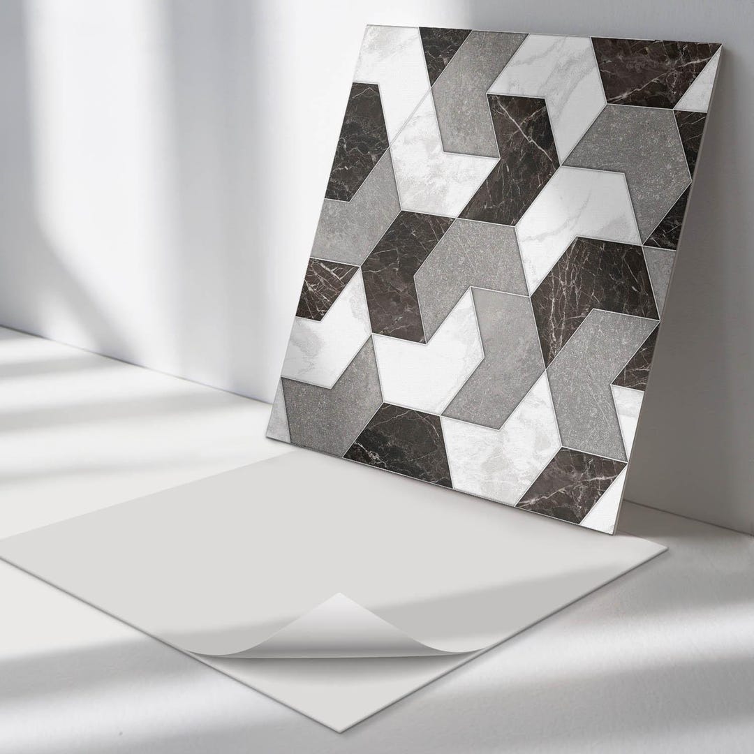 Geometric Tile Pattern PVC Floor Tiles, Black Tile Stickers, Removable ...